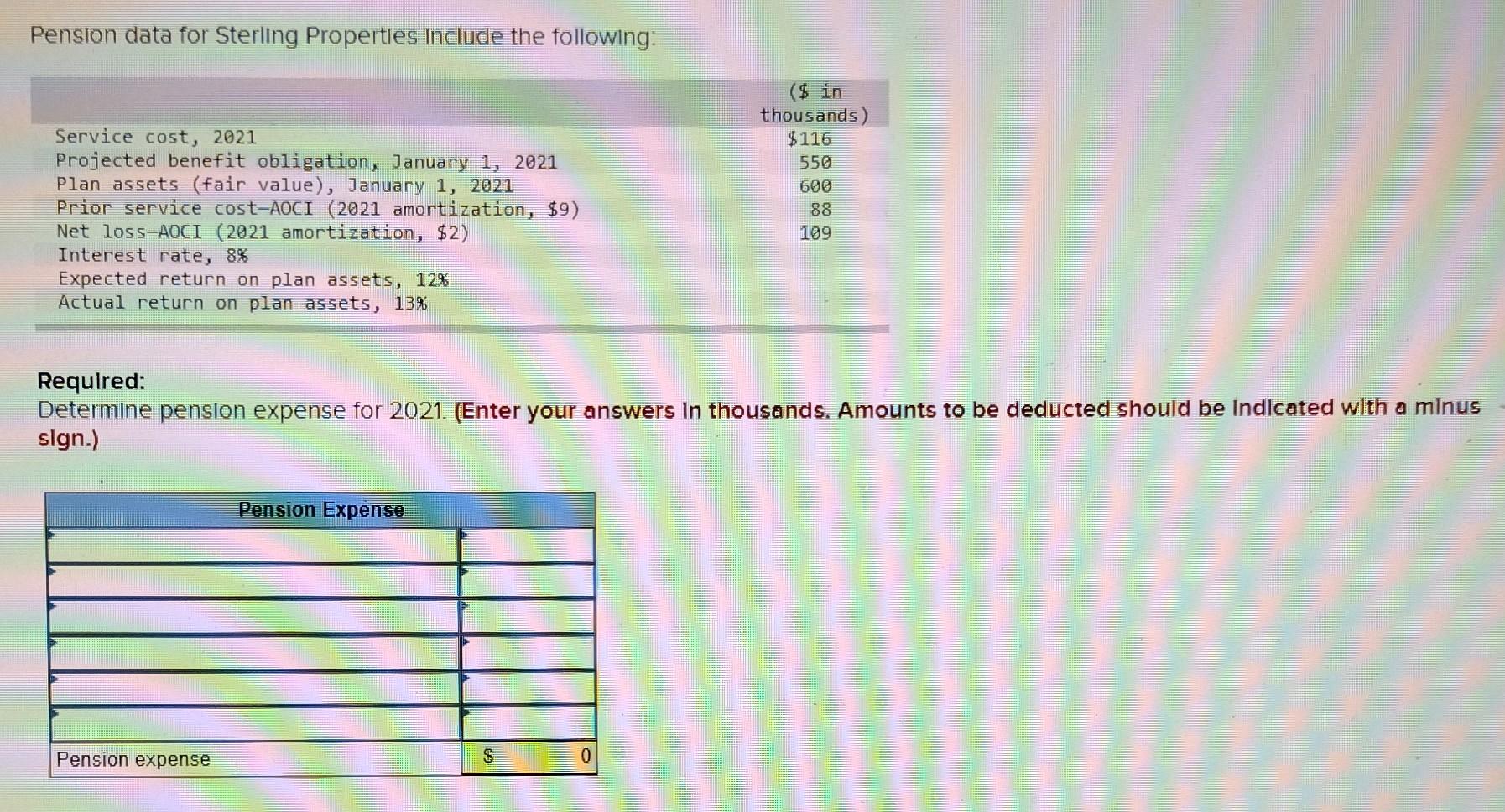 Solved Pension data for Sterling Properties include the | Chegg.com