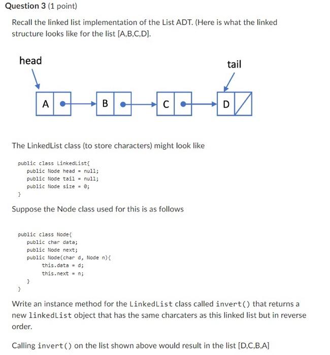 Solved Question 3 (1 point) Recall the linked list | Chegg.com