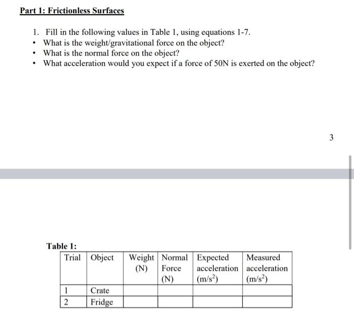 Part 1: Frictionless Surfaces 1. Fill in the | Chegg.com