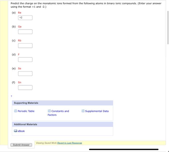 Solved Predict the charge on the monatomic ions formed from | Chegg.com