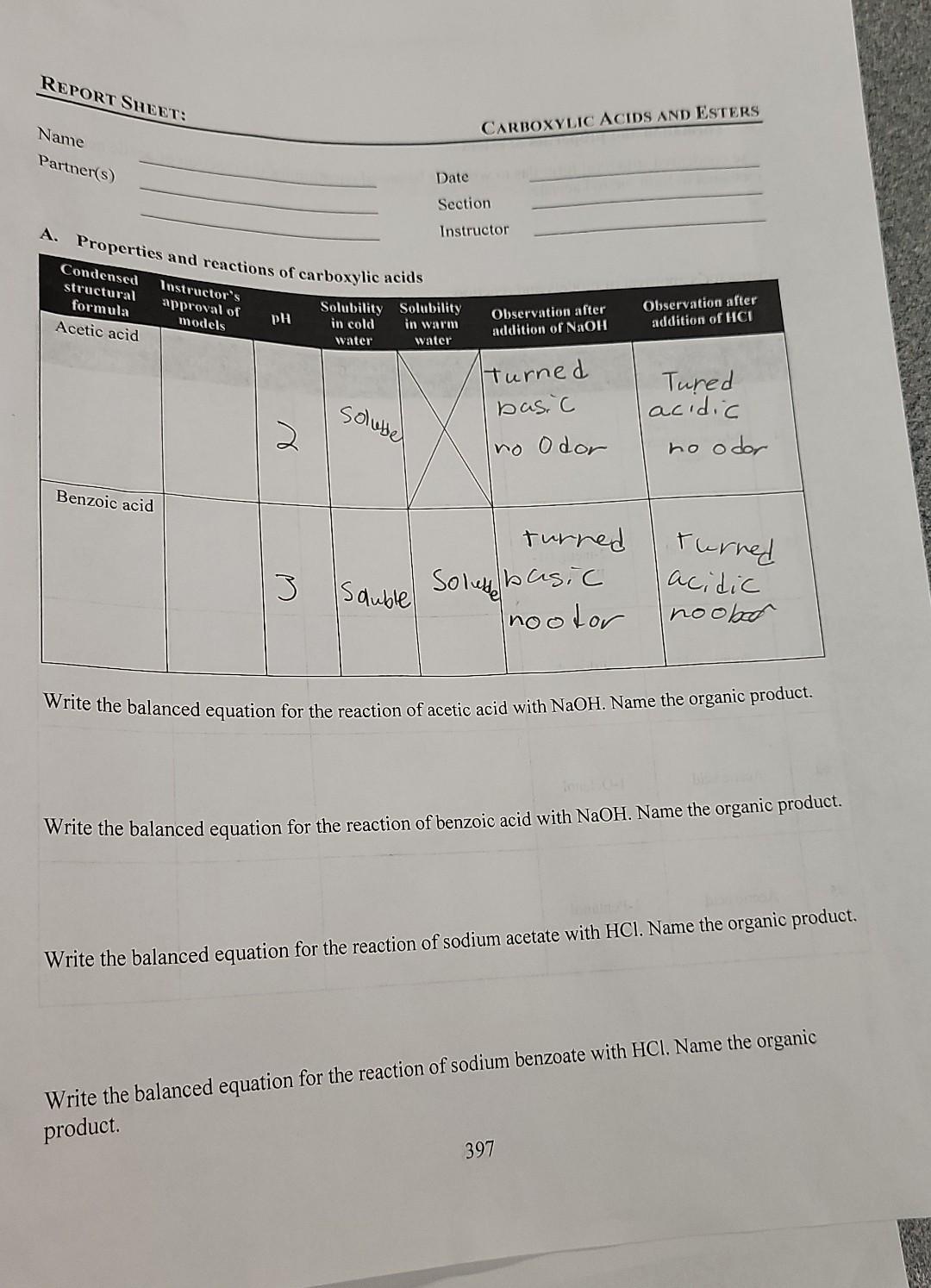 Solved REPORT SHEET: CARBOXYLIC ACIDS AND ESTERS Name | Chegg.com