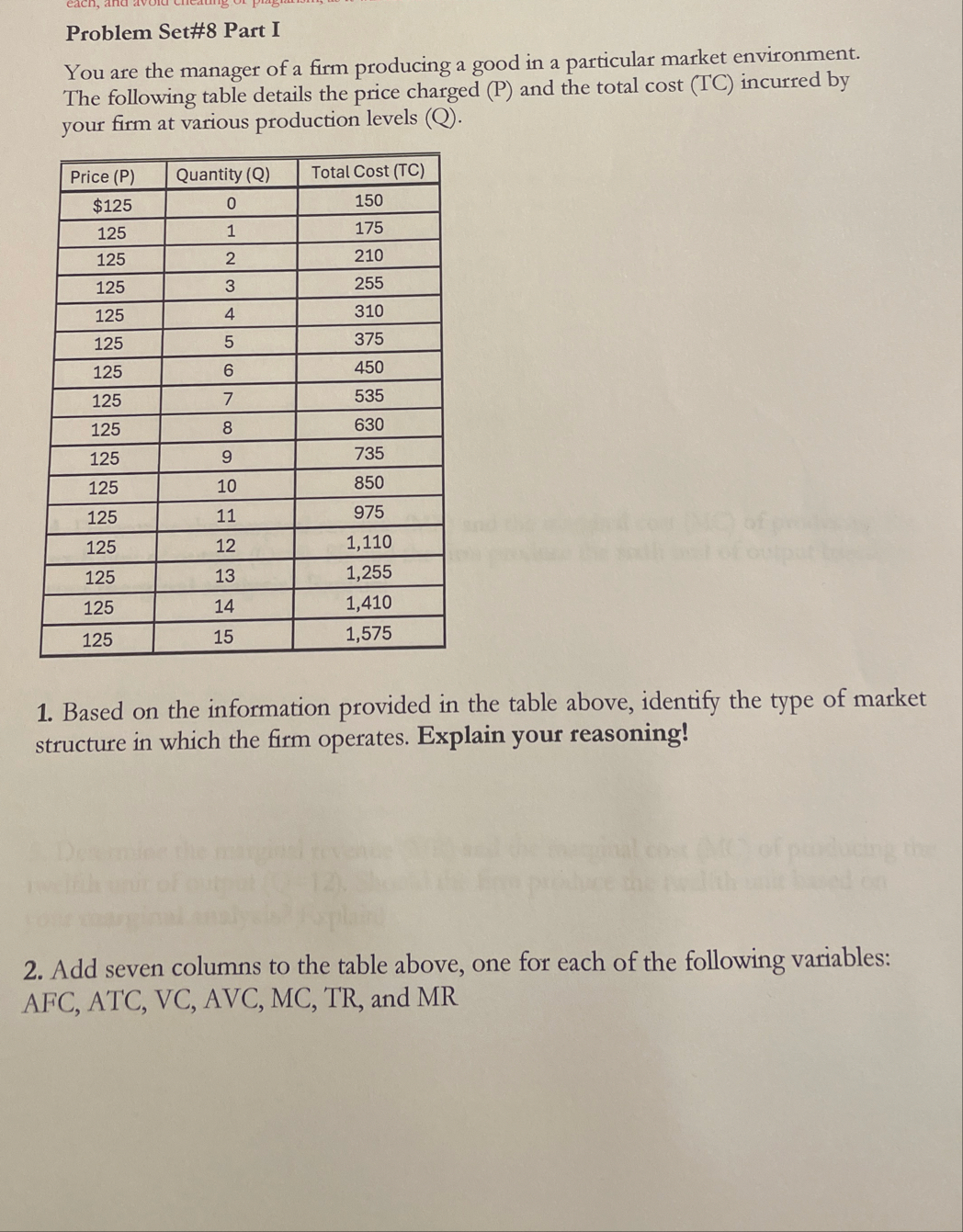 Solved Problem Set#8 ﻿Part IYou are the manager of a firm | Chegg.com
