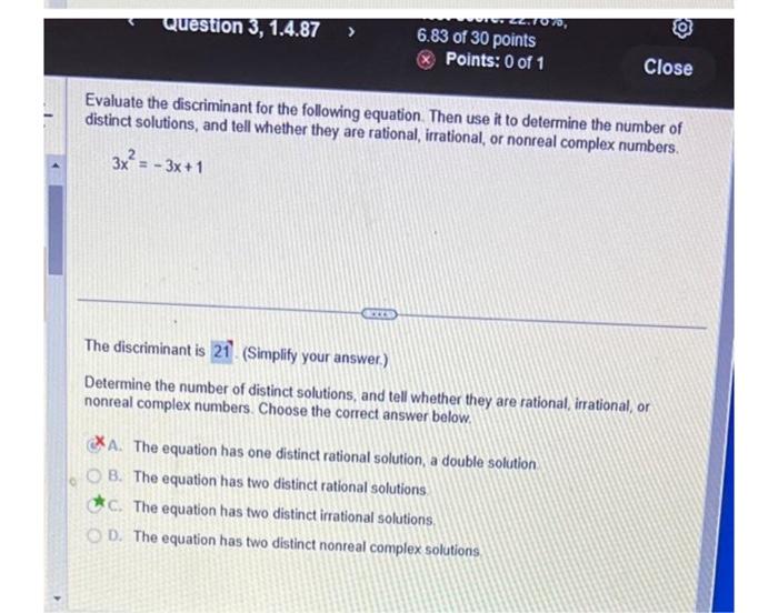 Solved Evaluate the discriminant for the following equation. | Chegg.com