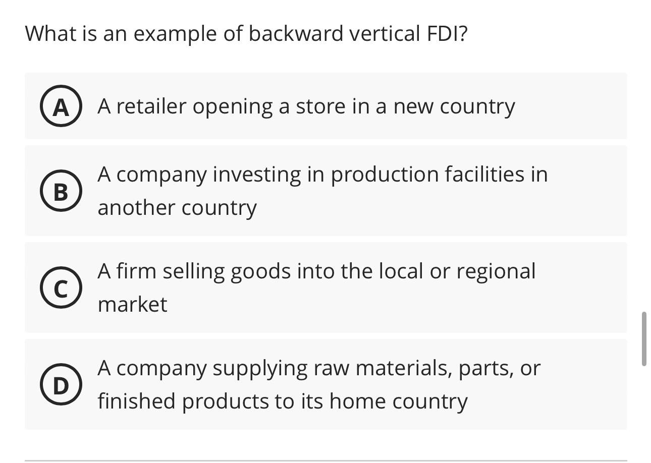 Solved What is an example of backward vertical FDI?A | Chegg.com