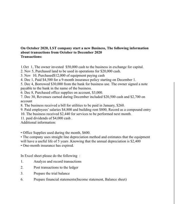 Solved On October 2020, LST company start a new Business, | Chegg.com