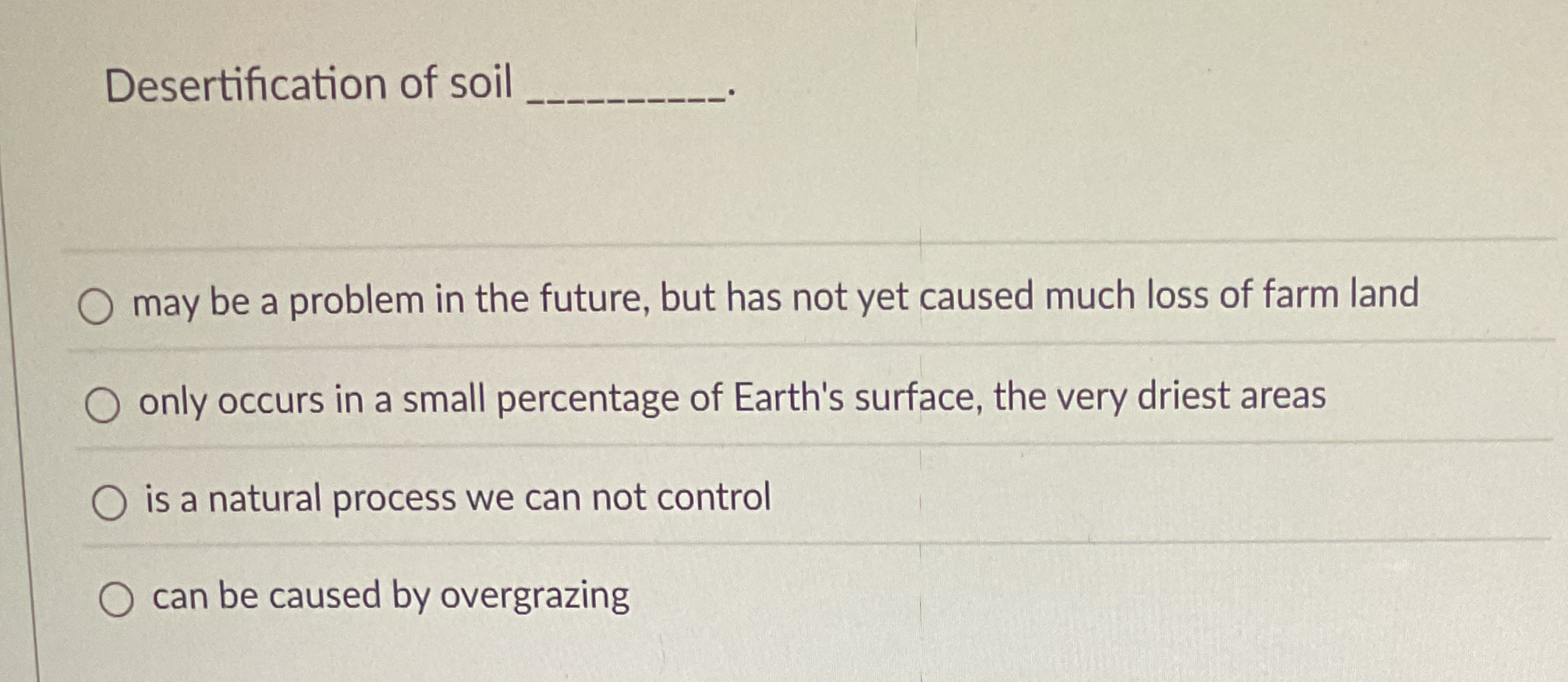 Solved Desertification of soilmay be a problem in the | Chegg.com
