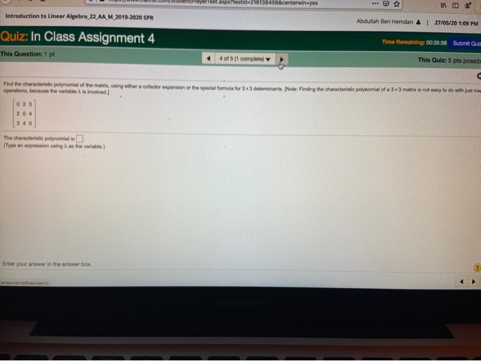 Solved Quiz: In Class Assignment 4 This Question: 1 pt 2 of | Chegg.com