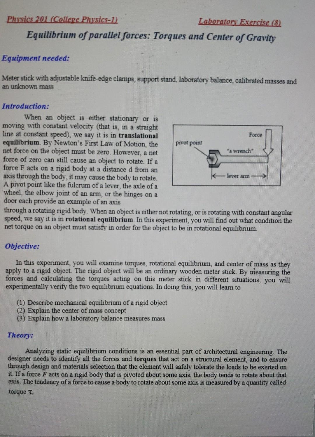Solved Physics 201 (College Physics-1) Laboratory Exercise | Chegg.com