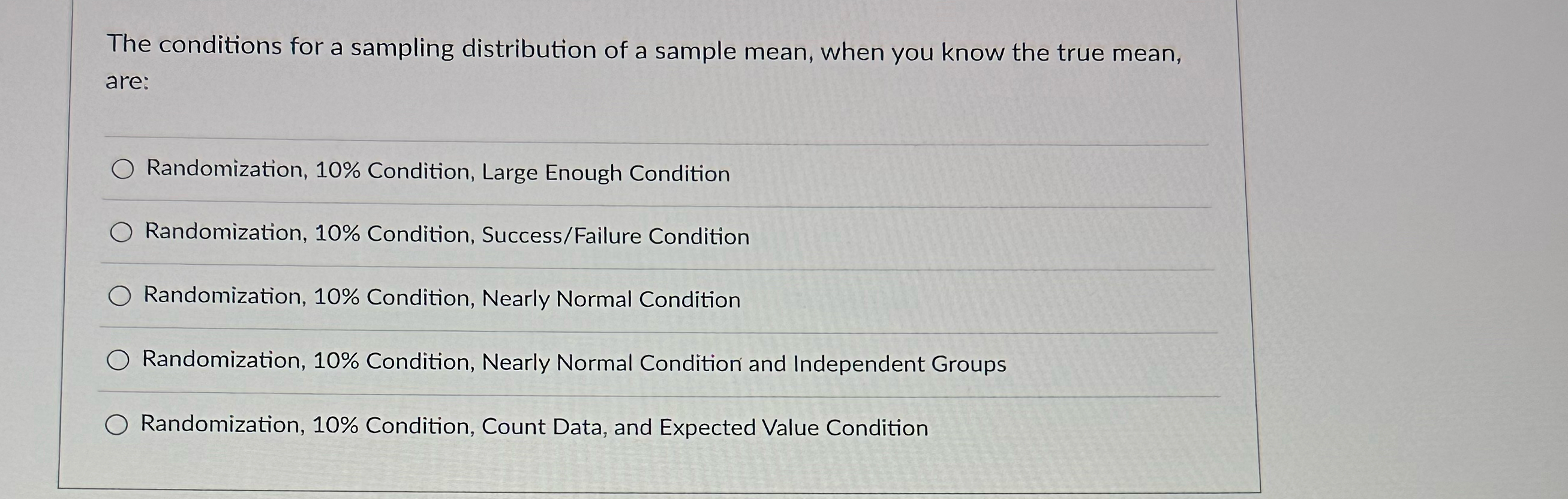 Solved The conditions for a sampling distribution of a | Chegg.com