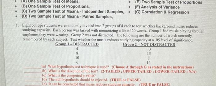 Solved - (B) One Sample Test of Proportions, (E) Two Sample | Chegg.com