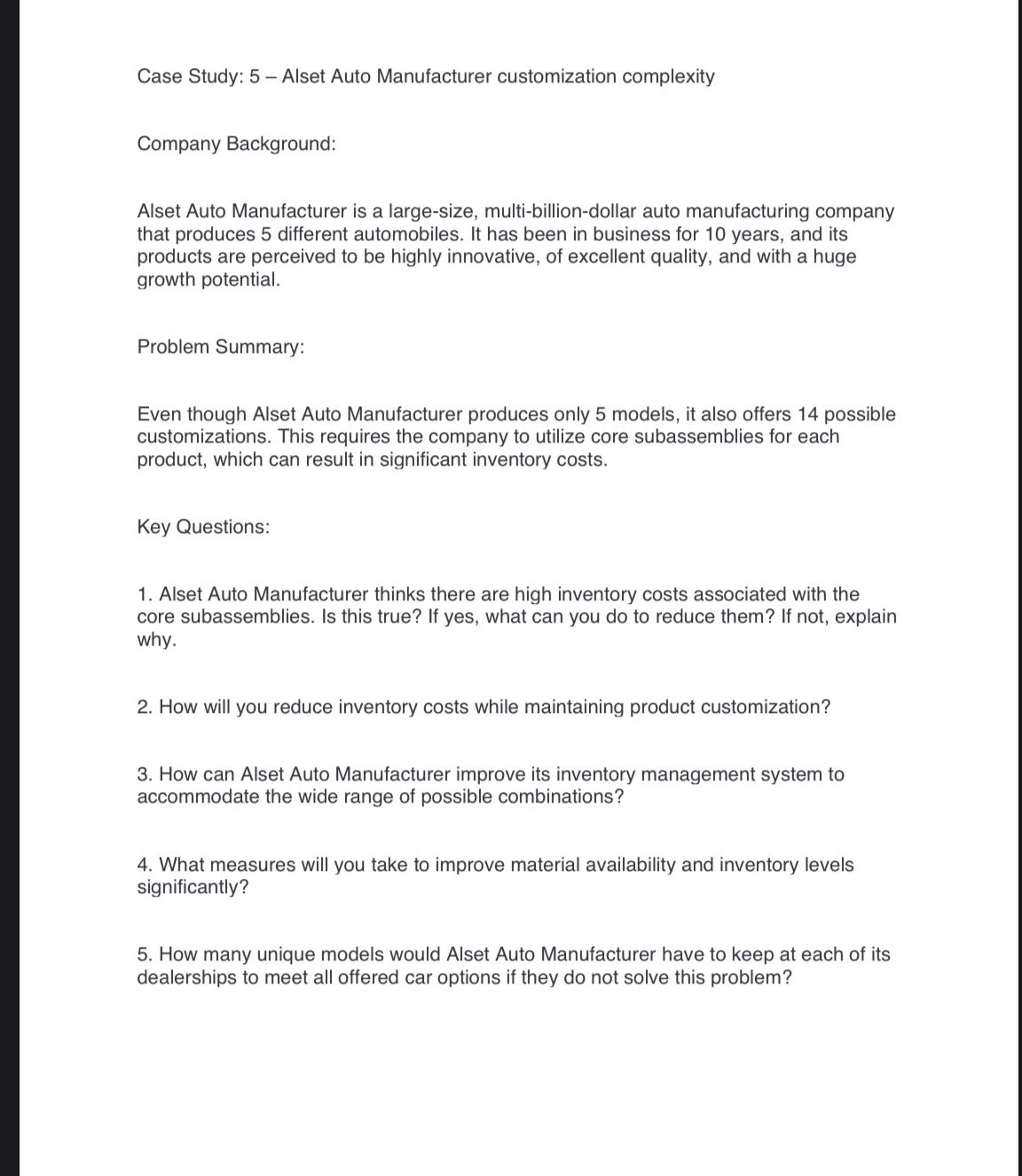 Solved Company Background:Alset Auto Manufacturer is a | Chegg.com