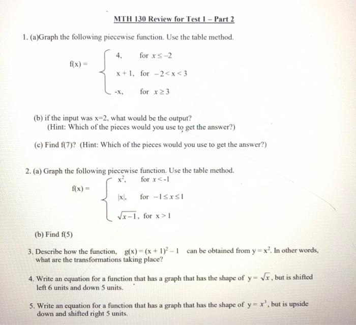 Solved MTH 130 Review for Test 1 - Part 2 1. (a)Graph the | Chegg.com