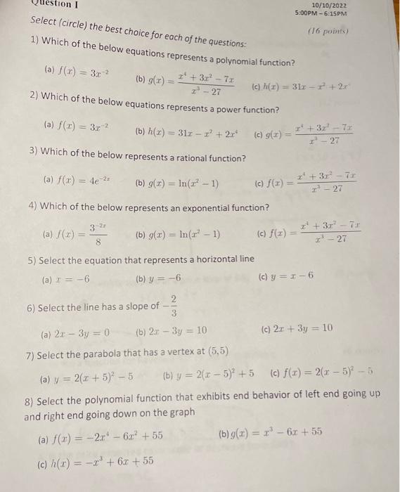 Solved (16 points) Select (circle) the best choice for each | Chegg.com