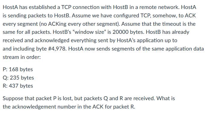 Solved HostA has established a TCP connection with HostB in | Chegg.com