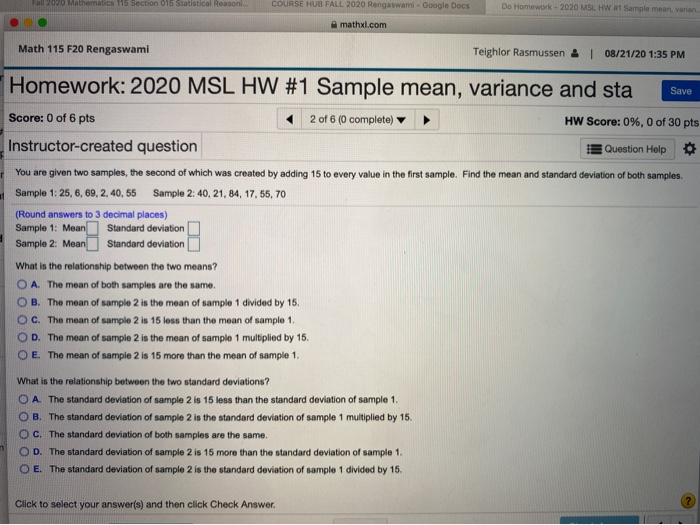 Solved Fall 2020 Mathematics 115 Section 015 Statistical | Chegg.com