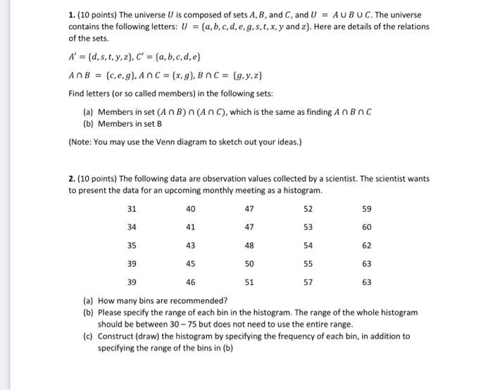 Solved 1. (10 points) The universe U is composed of sets | Chegg.com