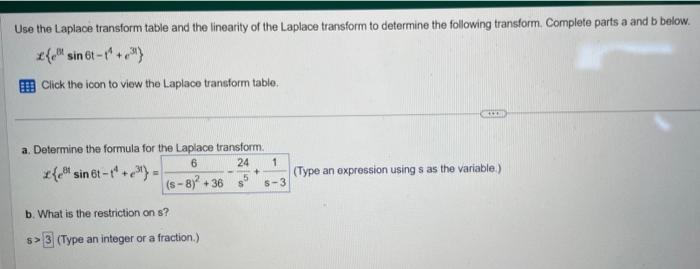 Solved Use the Laplace transform table and the linearity of | Chegg.com