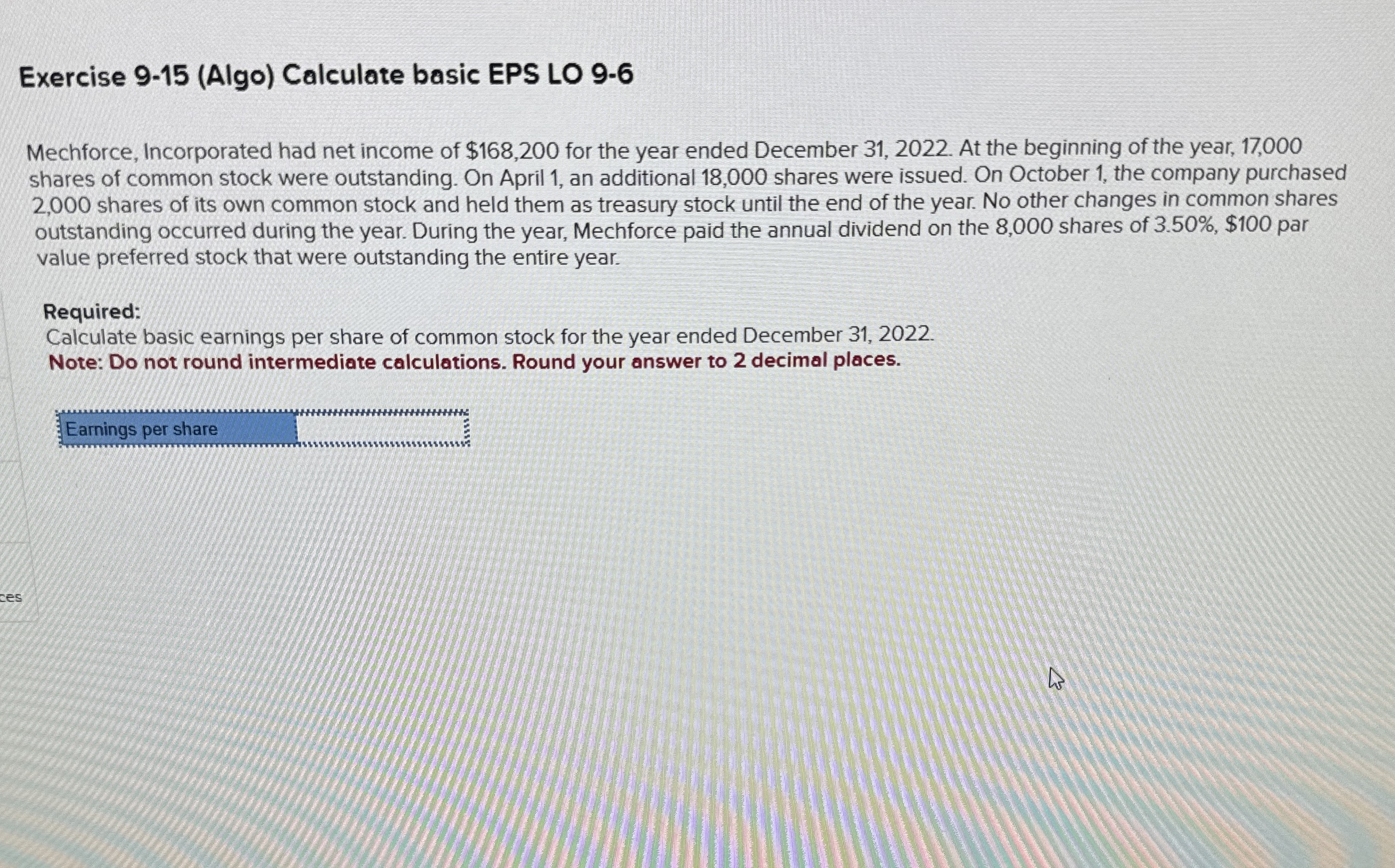 Solved Exercise 9-15 (Algo) ﻿Calculate basic EPS LO | Chegg.com