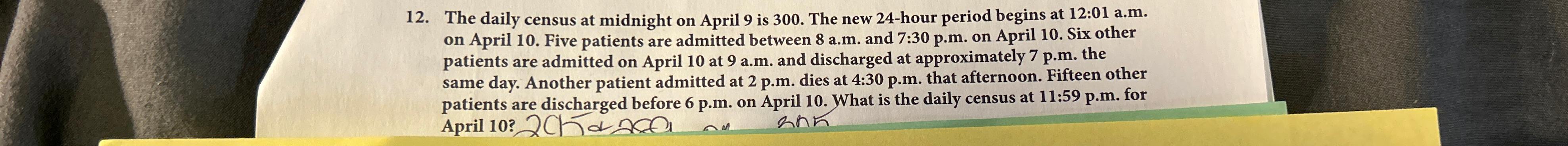 Solved The daily census at midnight on April 9 ﻿is 300 . | Chegg.com