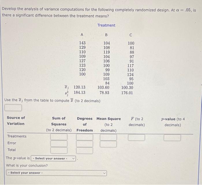 Solved Develop the analysis of variance computations for the | Chegg.com