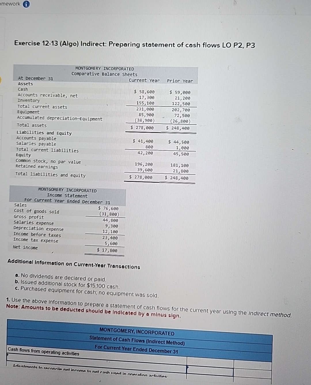 Solved Exercise 12-13 (Algo) ﻿Indirect: Preparing statement | Chegg.com