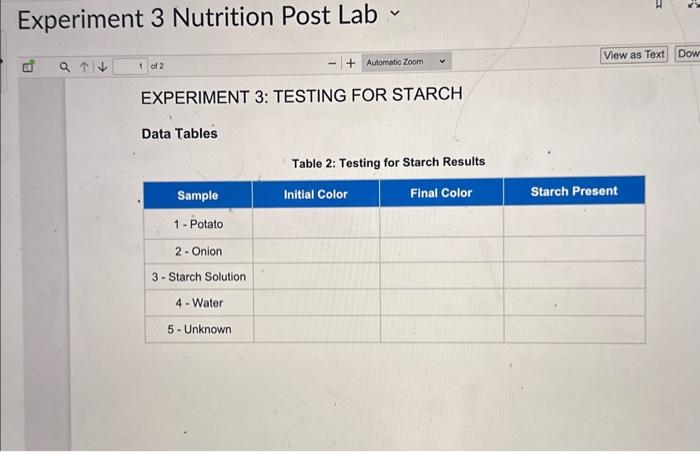 Solved EXPERIMENT 3: TESTING FOR STARCH Data Tables Table 2: | Chegg.com Solved EXPERIMENT 3: TESTING FOR STARCH Data Tables Table 2: | Chegg.com