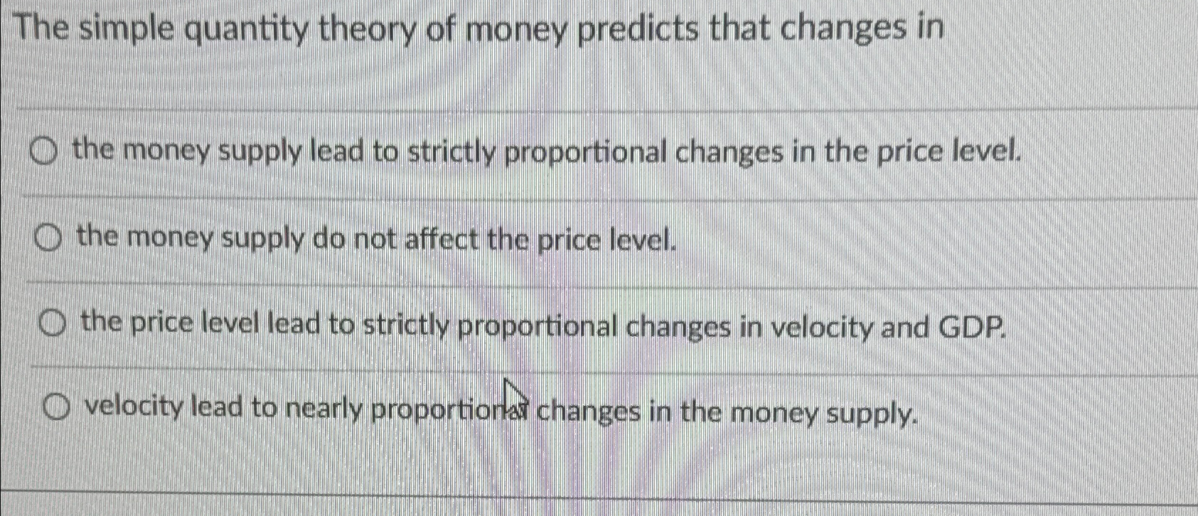 Solved The simple quantity theory of money predicts that | Chegg.com