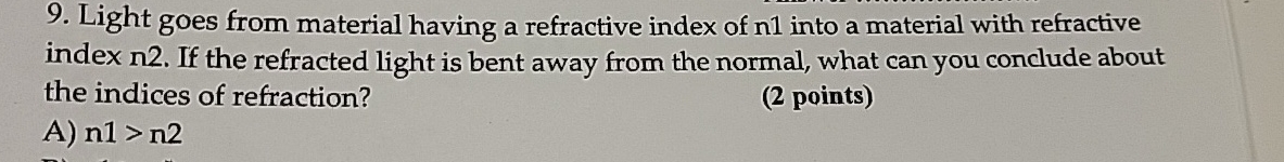 Solved Light goes from material having a refractive index of | Chegg.com