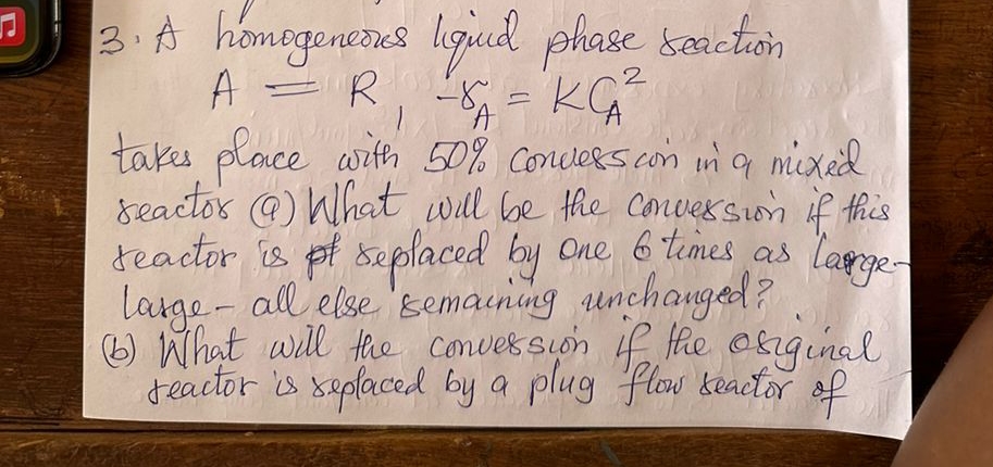 Solved A homogeneores liquid phase reactionA=R,-γA=KCA2takes | Chegg.com