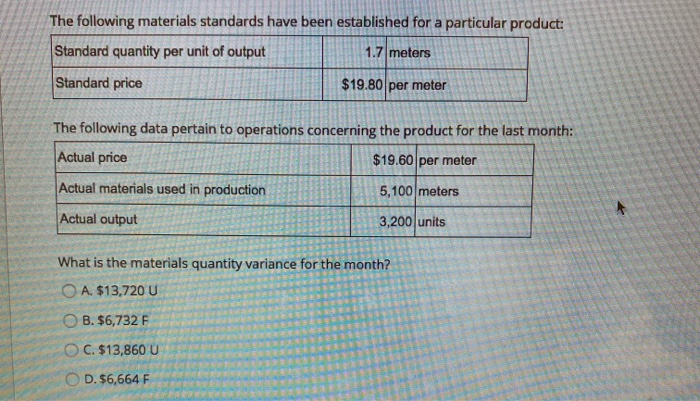 Solved The following materials standards have been | Chegg.com