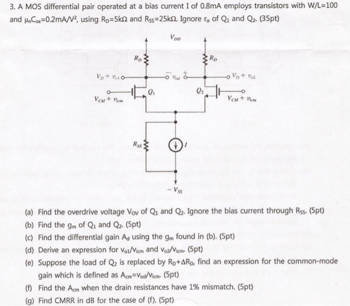 Solved 3. A MOS differential pair operated at a bias current | Chegg.com
