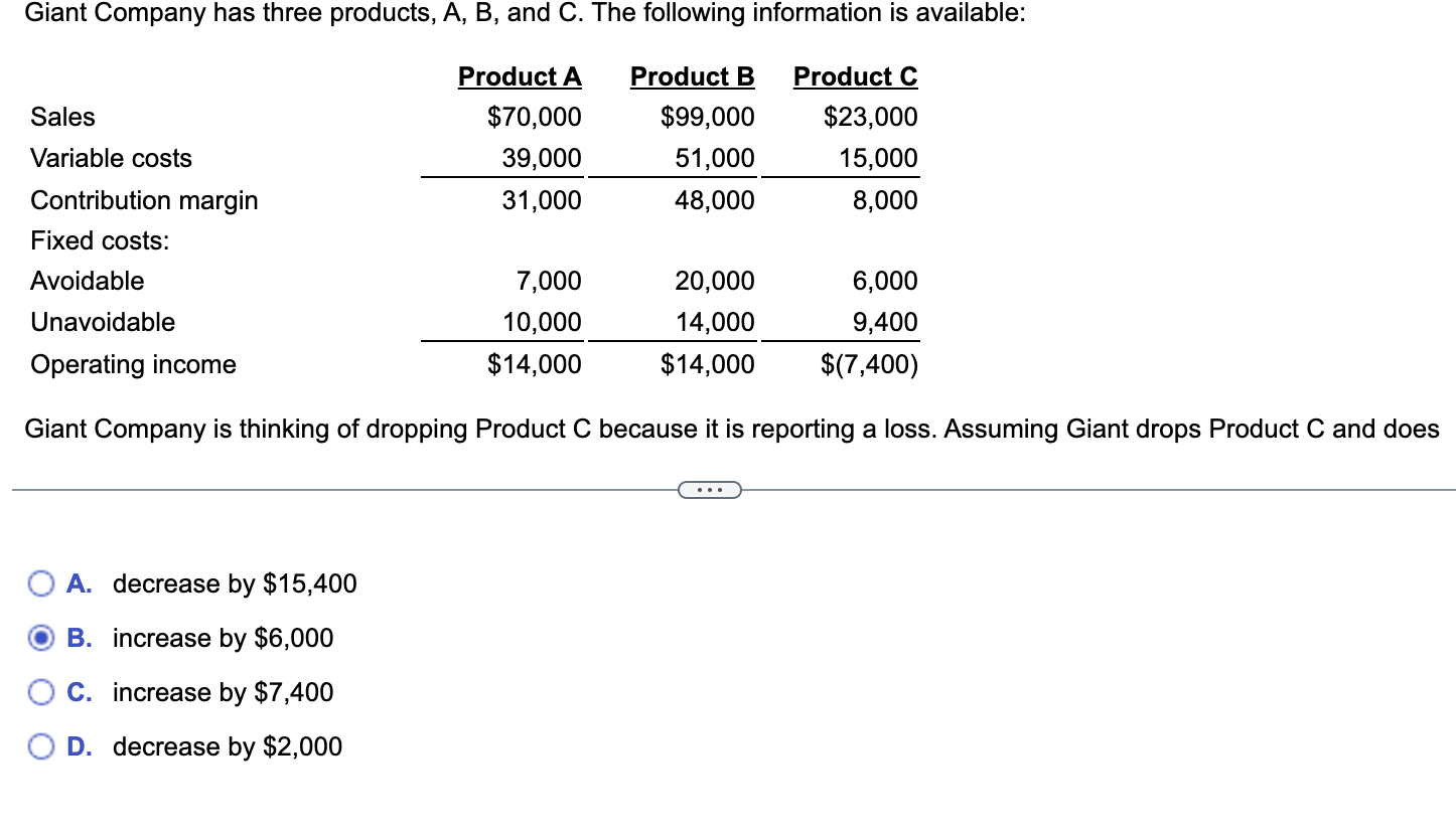 Solved Giant Company has three products, information is | Chegg.com