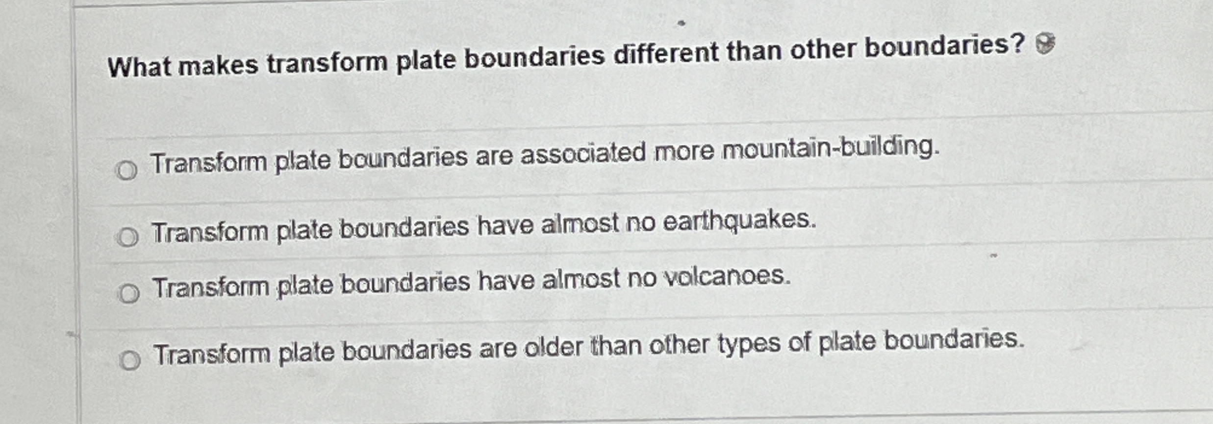 Solved What makes transform plate boundaries different than | Chegg.com