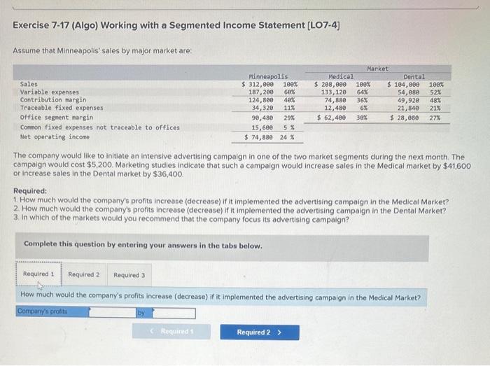 Solved Exercise 7-17 (Algo) Working with a Segmented Income | Chegg.com
