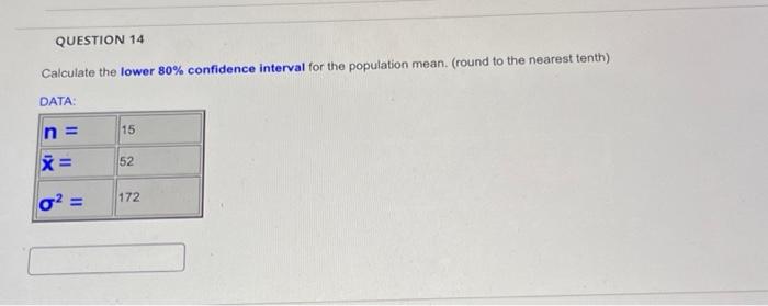 Solved Calculate the lower 80% confidence interval for the | Chegg.com