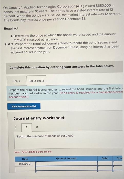 Solved On January 1, Applied Technologies Corporation (ATC) | Chegg.com