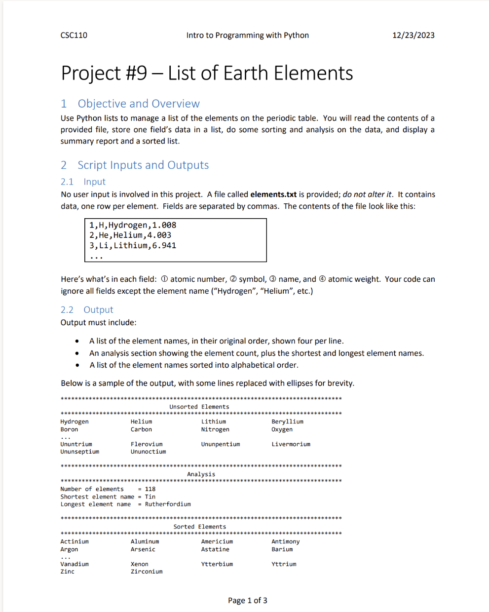 Solved Project #9 - ﻿List of Earth Elements1 ﻿Objective and | Chegg.com