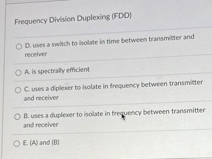 Solved Frequency Division Duplexing (FDD) D. uses a switch | Chegg.com