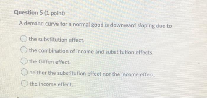 Solved Question 5 (1 point) A demand curve for a normal good | Chegg.com