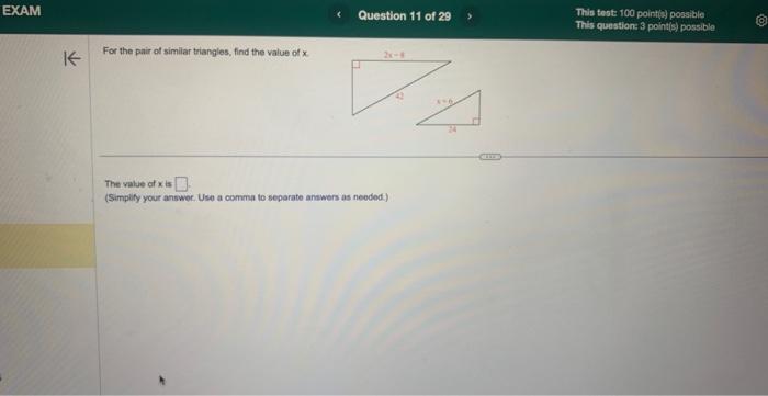 Solved For the pair of similar triangles, find the value of | Chegg.com