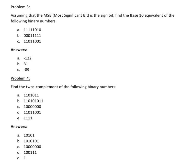 Solved Problem 3: Assuming that the MSB (Most Significant | Chegg.com