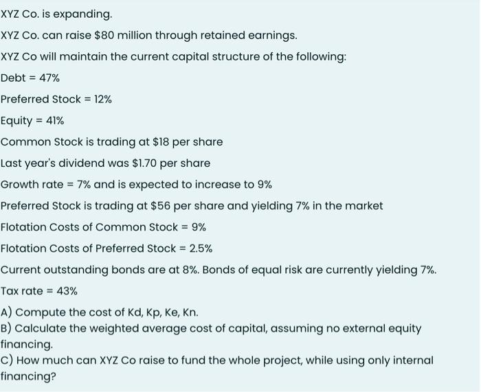 Solved XYZ Co. is expanding. XYZ Co. can raise $80 million | Chegg.com