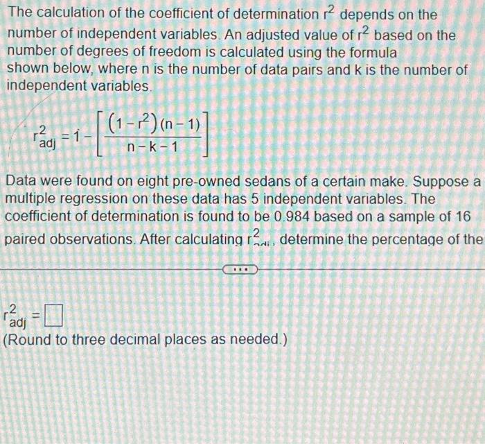 Solved The calculation of the coefficient of determination | Chegg.com