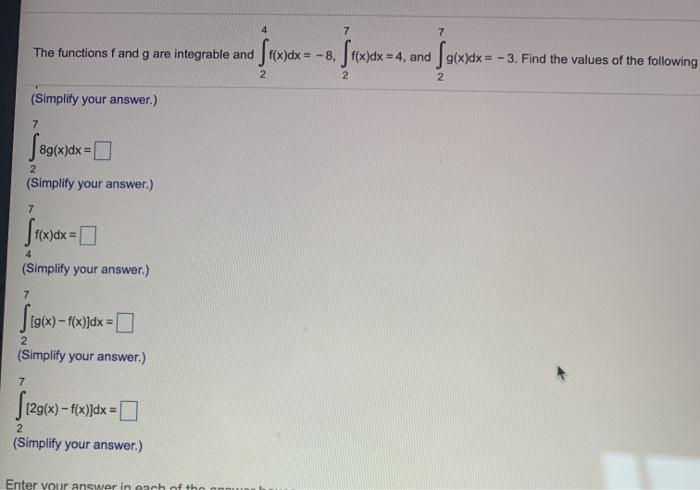 Solved The functions f and g are integrable and ſt(x)dx = | Chegg.com