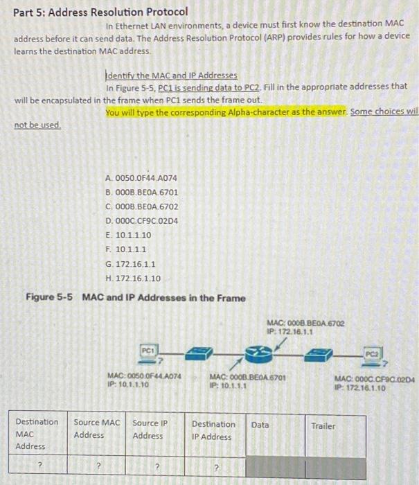 Solved Part 5: Address Resolution Protocol In Ethernet LAN | Chegg.com
