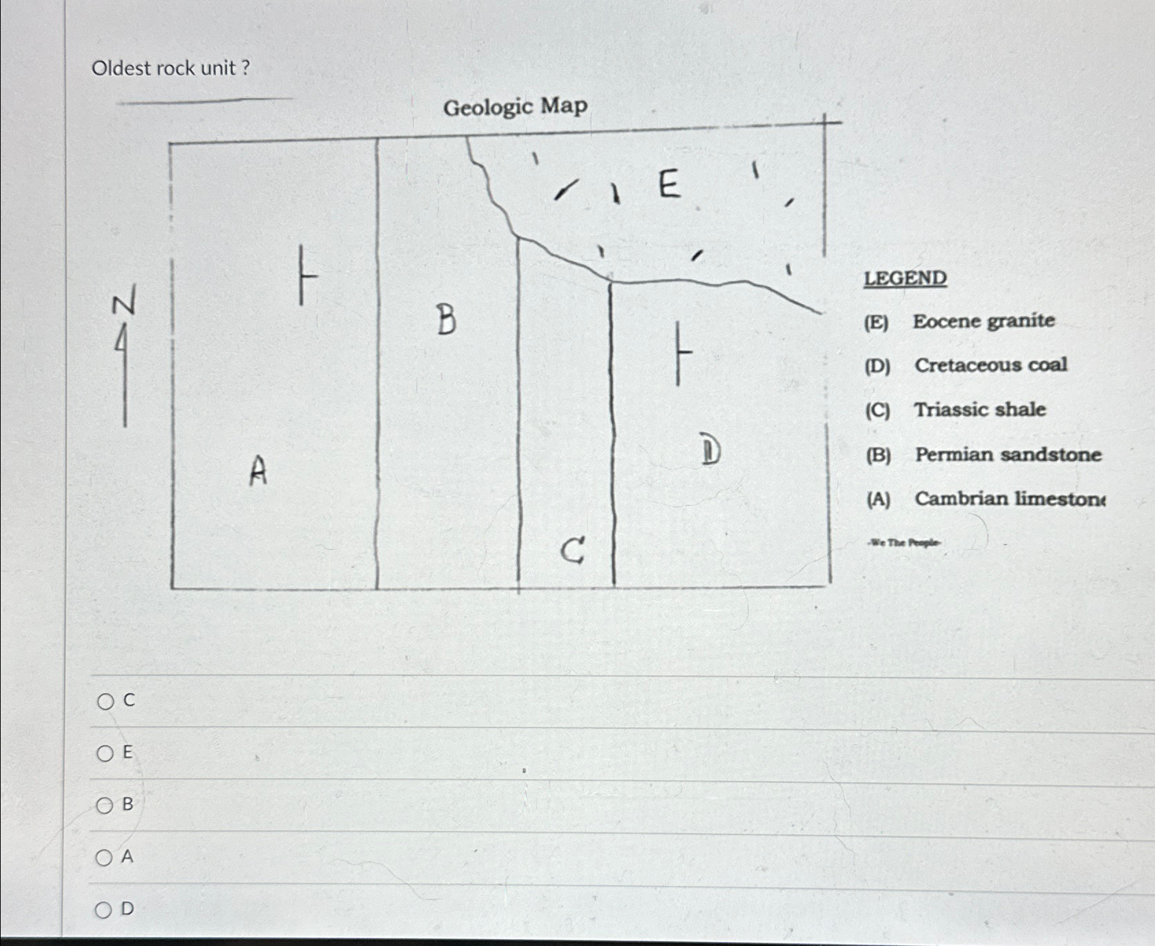 Solved Oldest rock unit ?LEGEND(E) ﻿Eocene granite(D) | Chegg.com