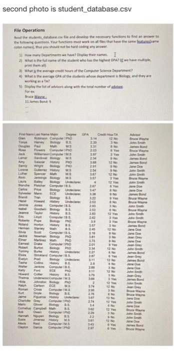Solved second photo is student_database.csv File Operations | Chegg.com