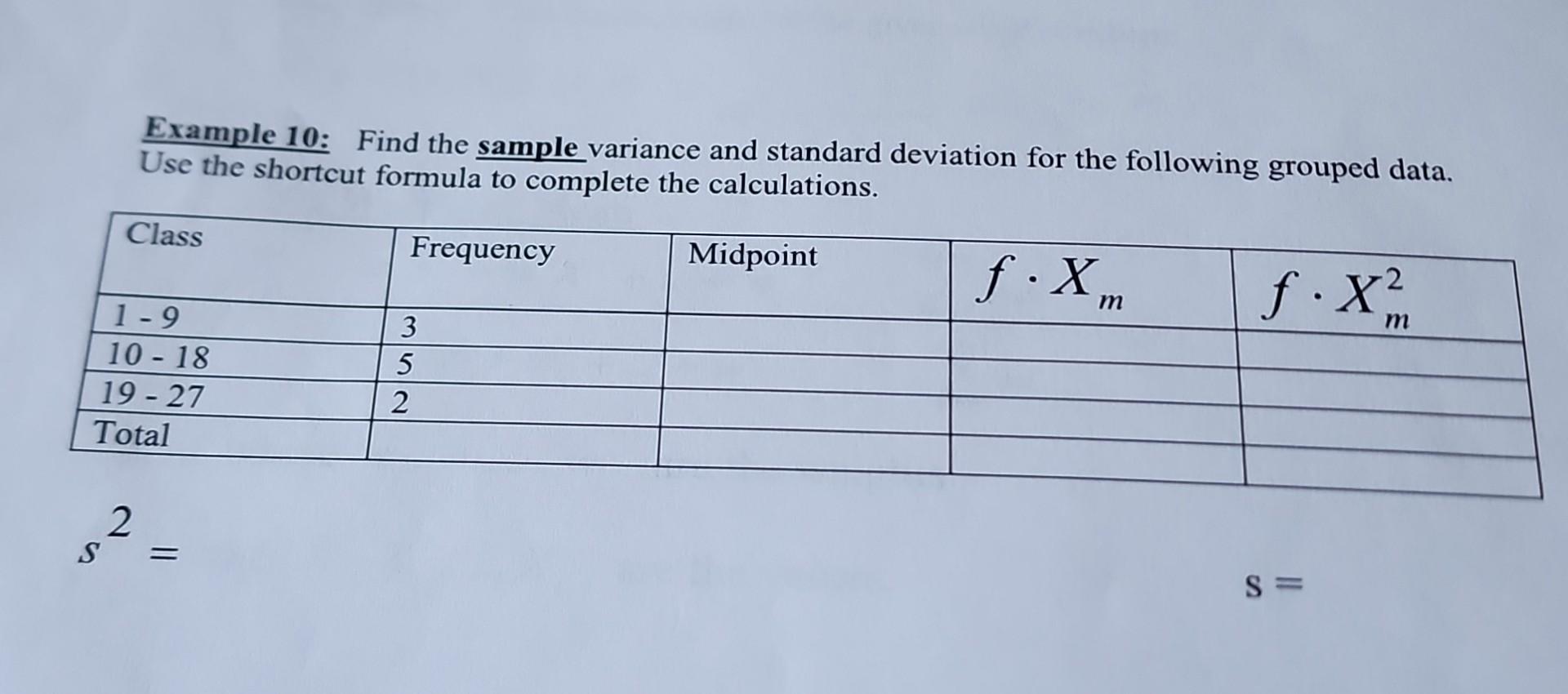 Solved Example 10: Find the sample variance and standard | Chegg.com