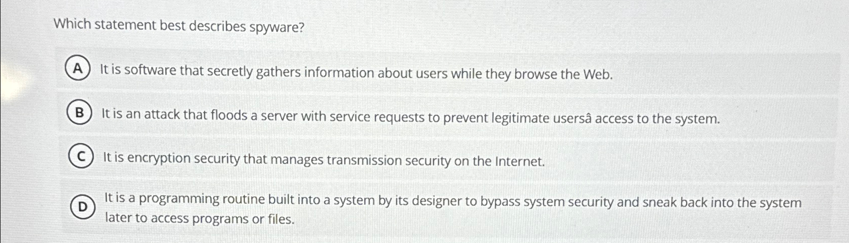 Solved Which statement best describes spyware?It is software | Chegg.com