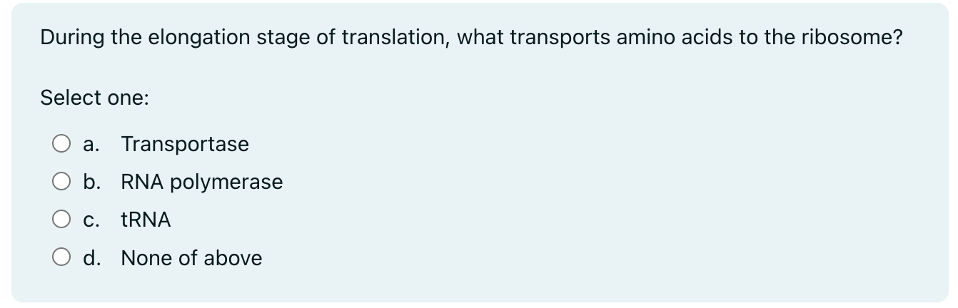 Solved During the elongation stage of translation, what | Chegg.com